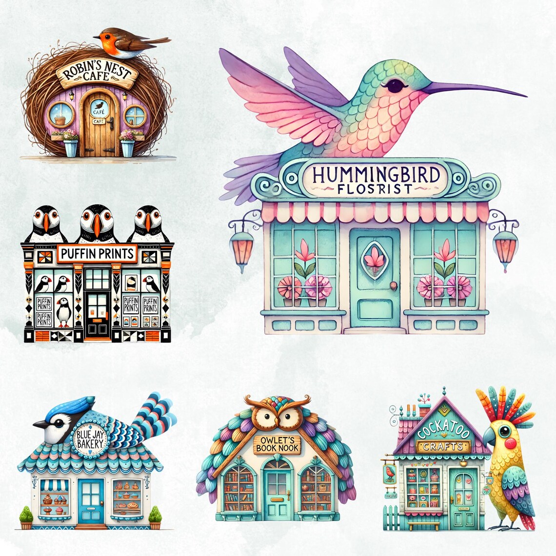 Bird Store Clipart Set, Quirky Bird Shop PNG, Cute Birdhouse Shop ...