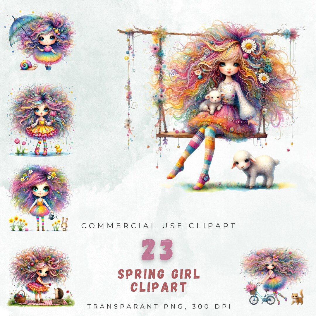 23 Spring Girl Clipart PNG Bundle With Cute Lambs and Rainbow Hair for ...