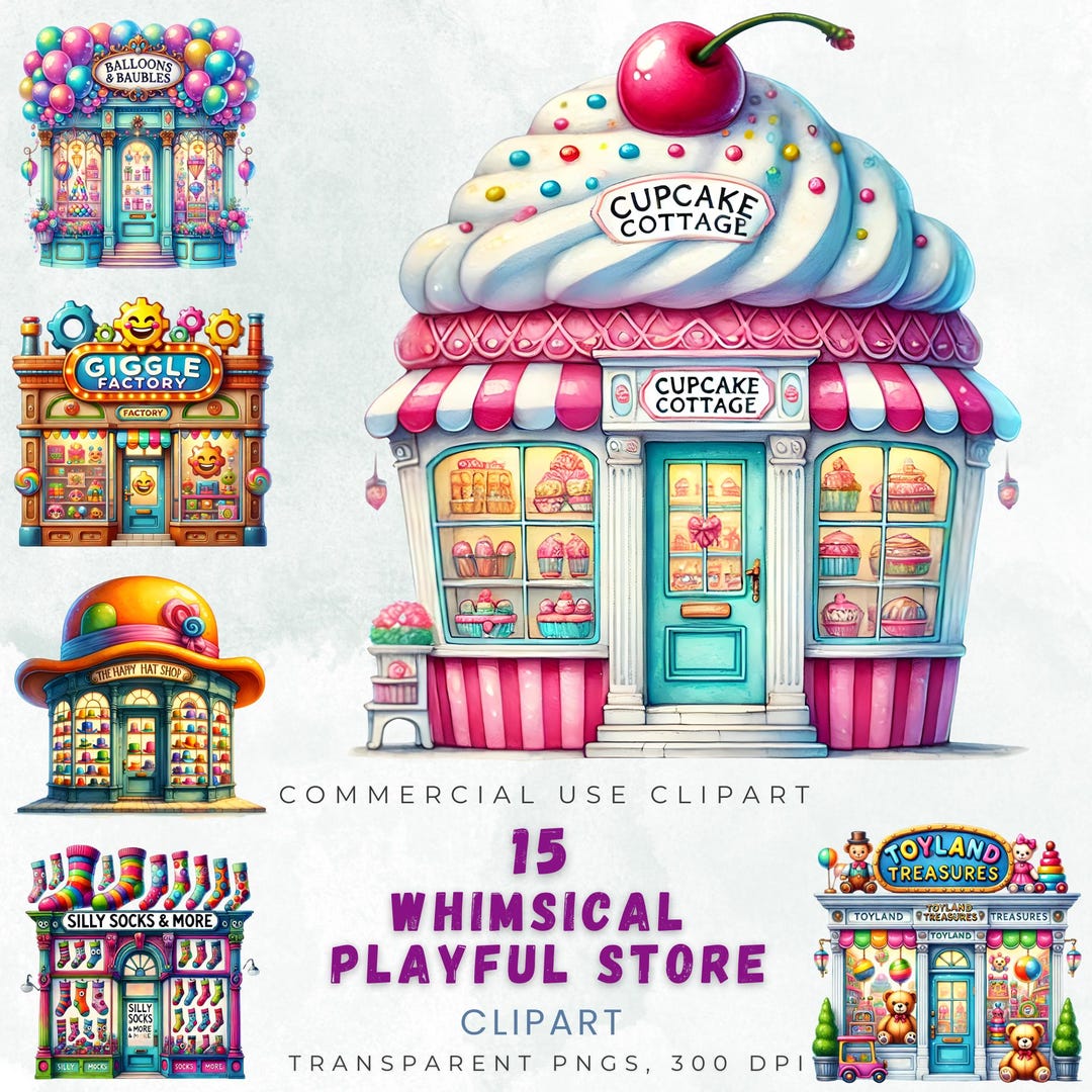 Whimsical Playful Store Clipart Bundle, Cute Fantasy Shop Illustrations ...