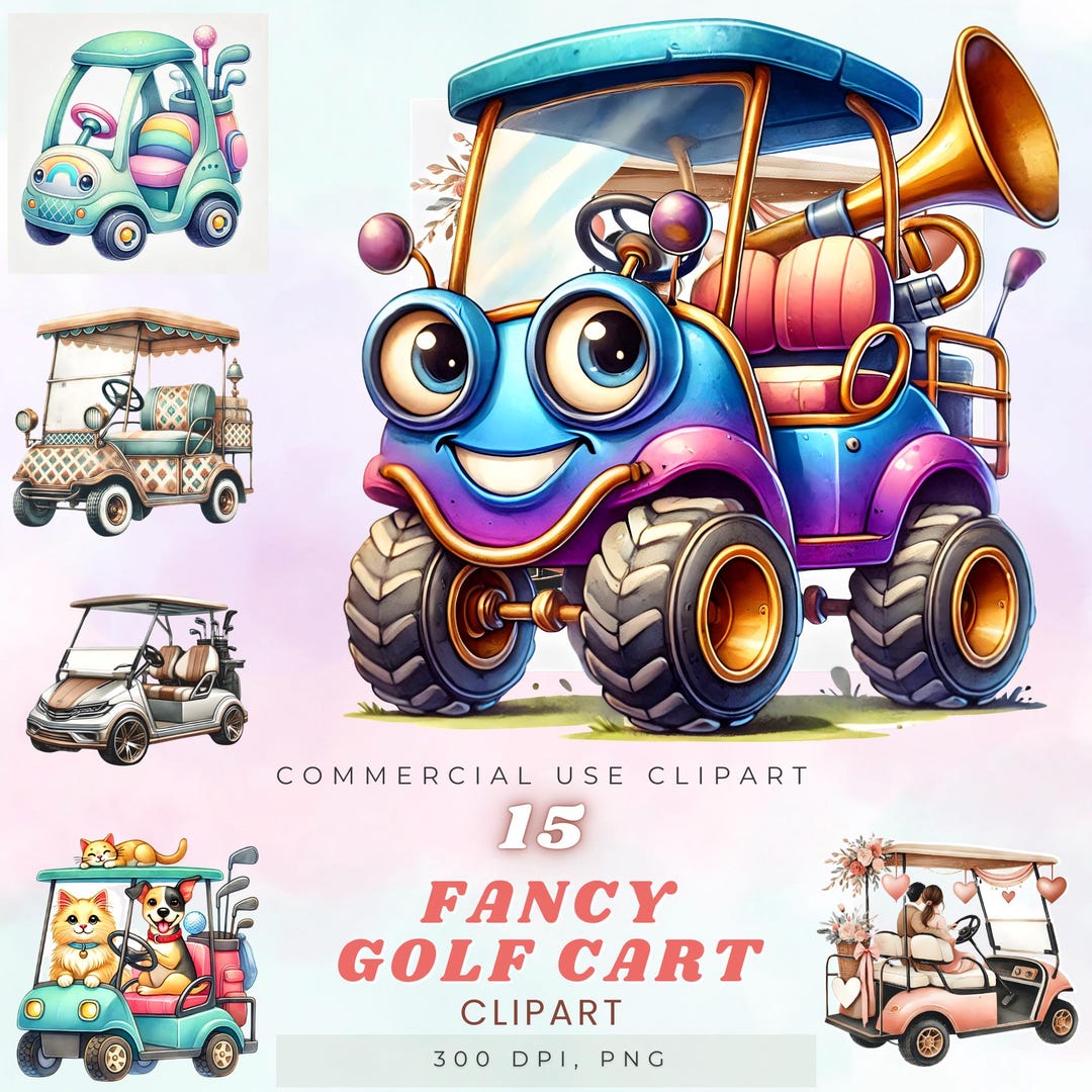 15 Fancy Golf Cart Clipart PNG Bundle – Cute Golf Car Illustrations for ...
