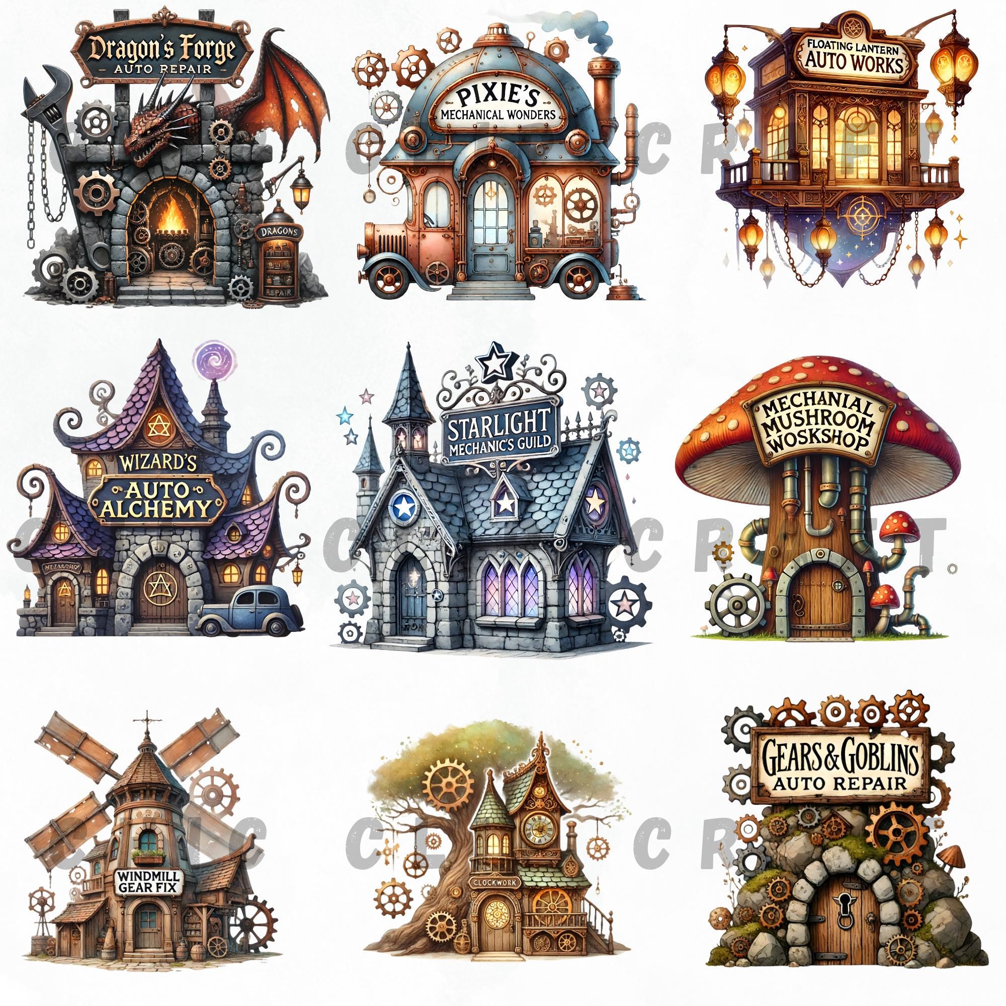Whimsical Mechanic Shop Clipart Set, Fantasy Auto Repair PNG, Steampunk ...