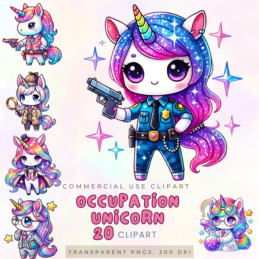 Cute Occupation Unicorn Clipart Bundle, Kawaii Unicorn PNG, Fantasy Job ...