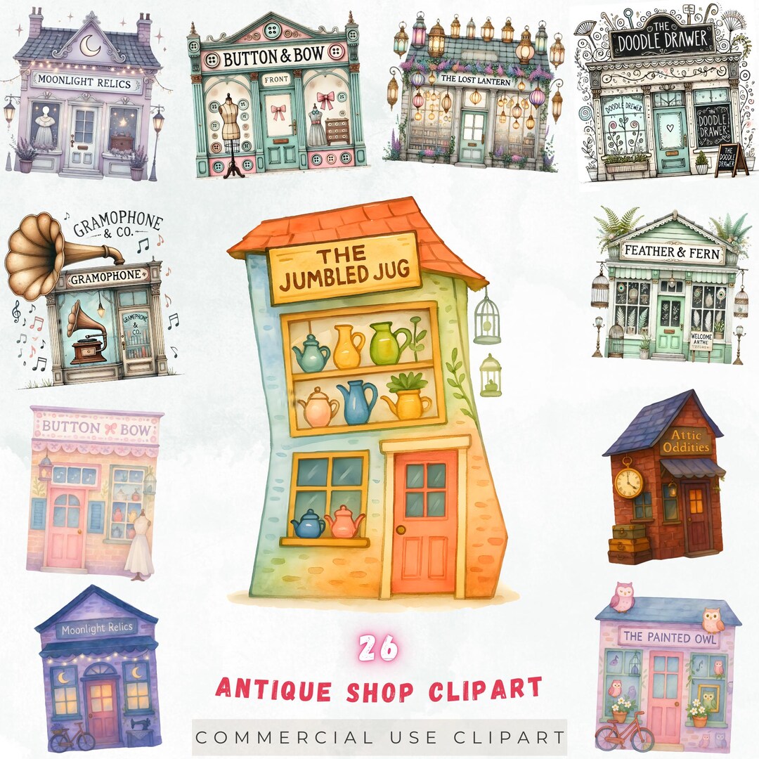 Vintage Antique Shop Clipart Bundle With 26 Whimsical Storefront ...