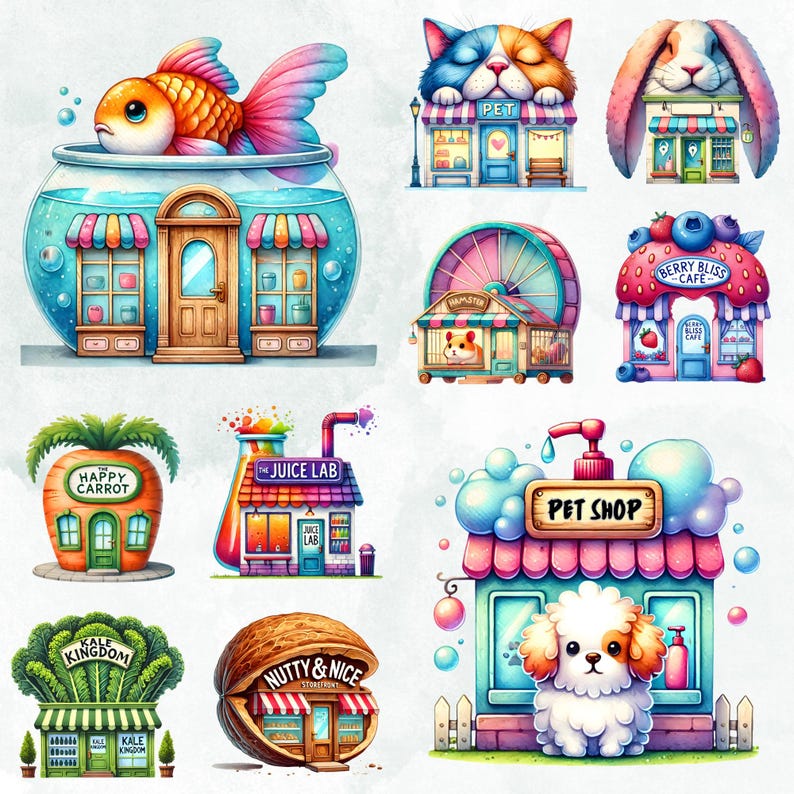 Watercolor Pet Store Clipart, Cute Animal Shop PNG (digital Download ...