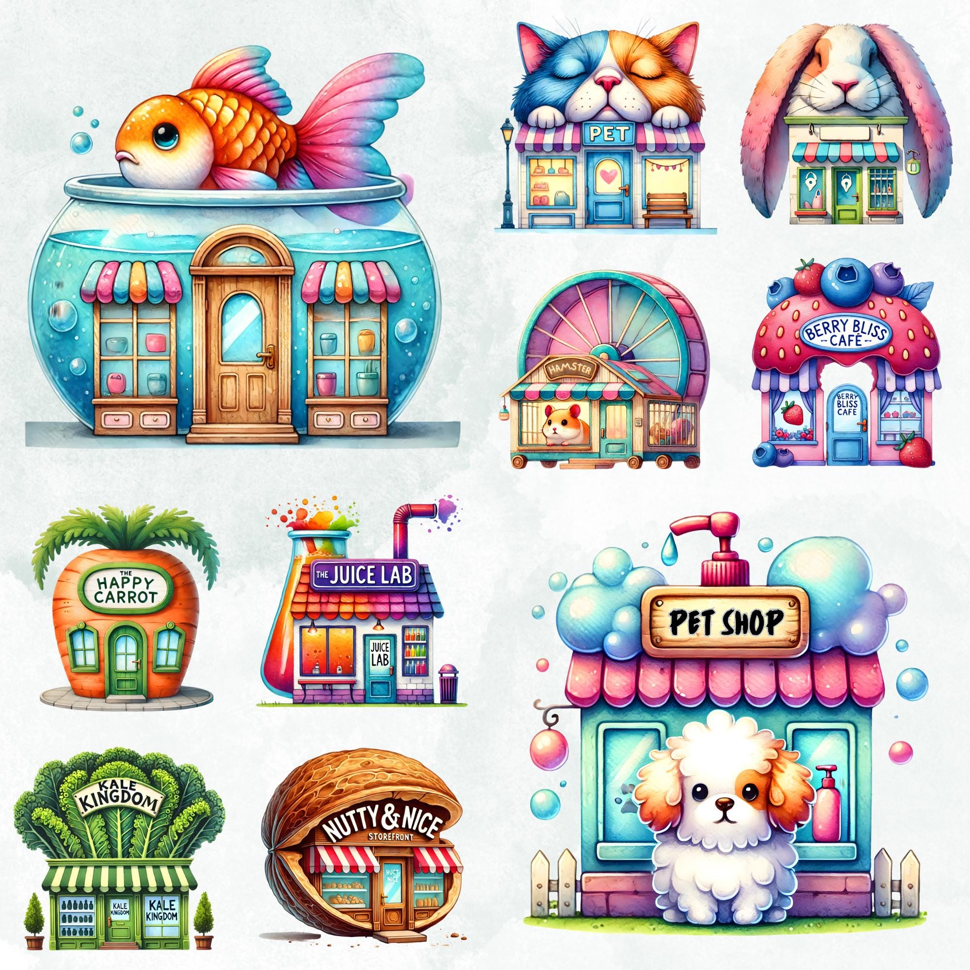 Quirky Watercolor Pet Store Clipart, Animal Shop PNG (digital Download ...