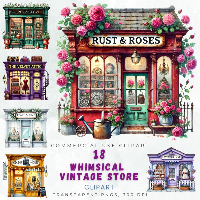 Whimsical Antique Shop Clipart Set - Vintage Boutique Storefronts ...