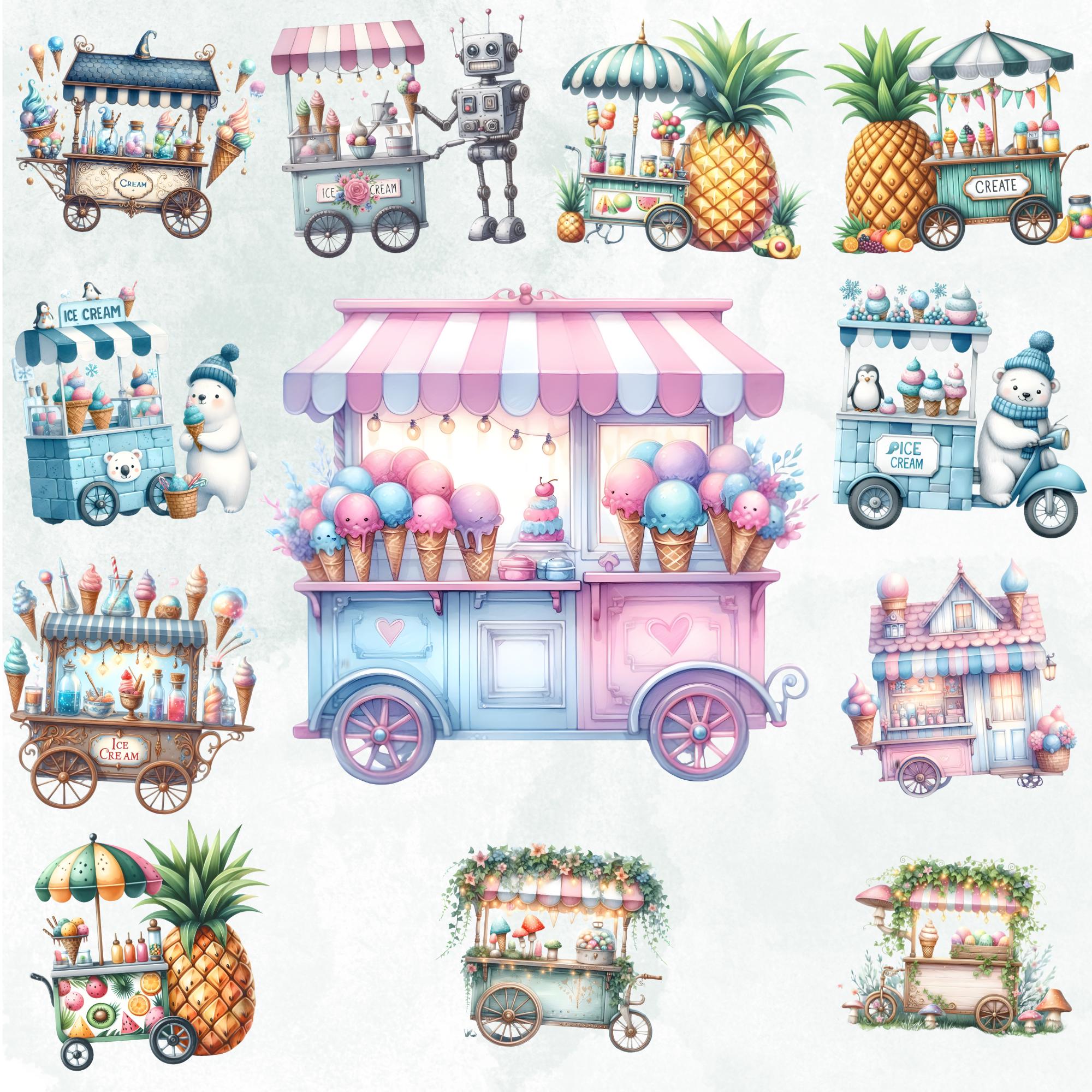 Whimsical Ice Cream Cart Clipart Bundle PNG | 32 Sweet Dessert Stand ...