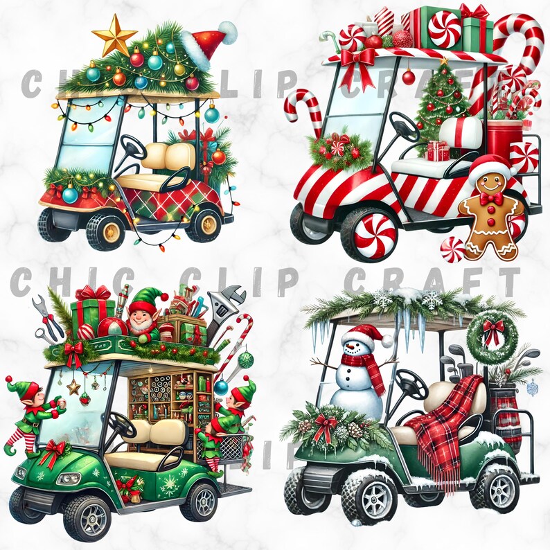 Christmas Golf Cart Clipart Bundle - Sublimation Digital File - Golfing ...