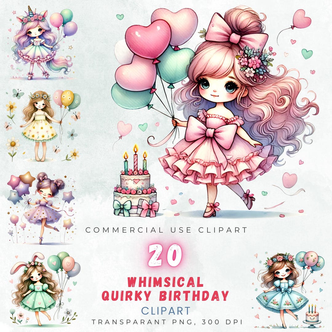 Whimsical Birthday Girl Clipart, Fantasy Party PNG (digital Download ...