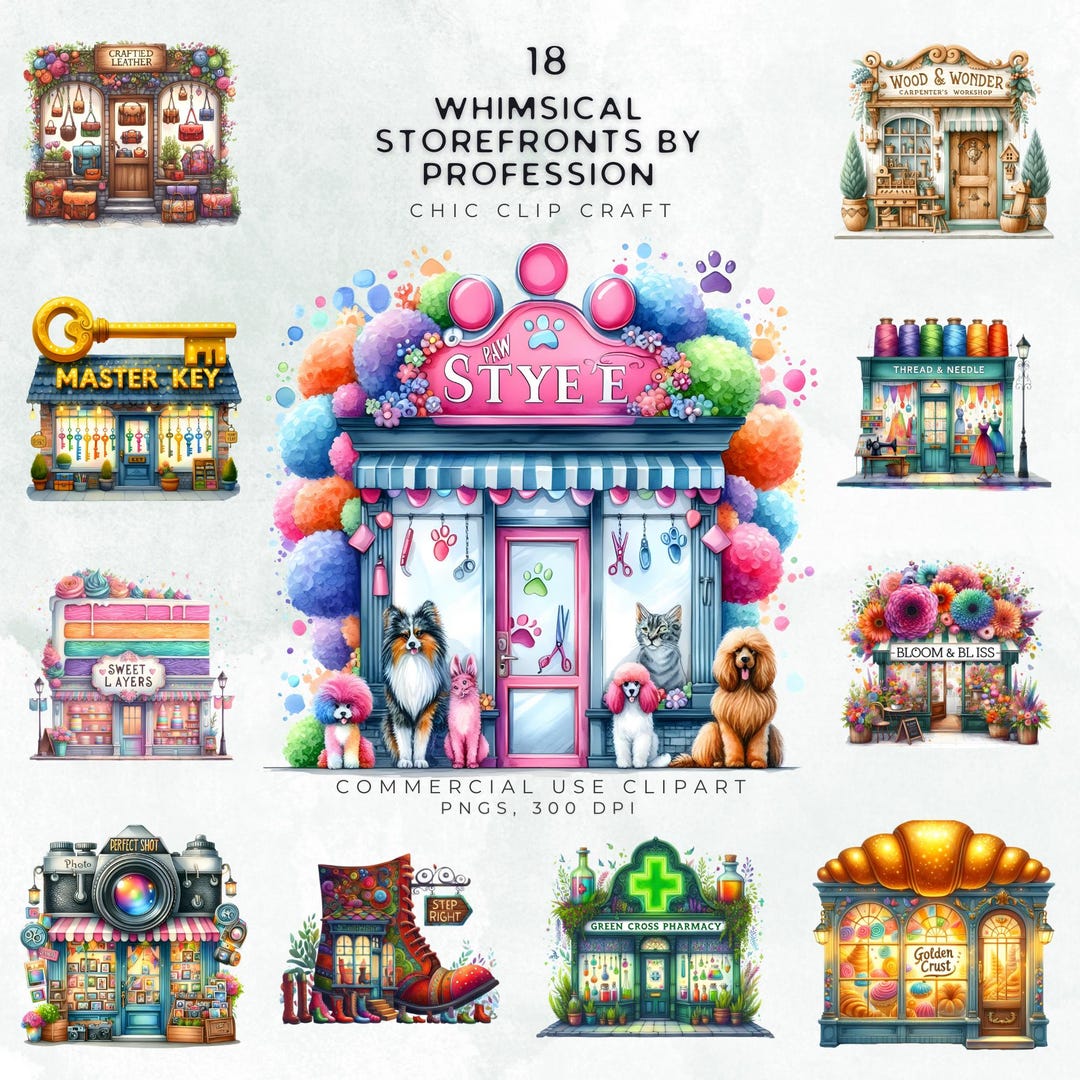 Whimsical Occupation Storefront Prints Colorful Business Facades Wall ...