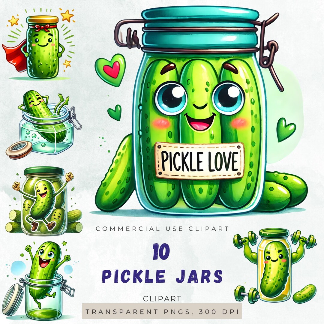 Pickle Jar Clipart Bundle - 10 Cute Pickle PNG Files - Fun Kawaii Pickle Graphics for Crafts ...