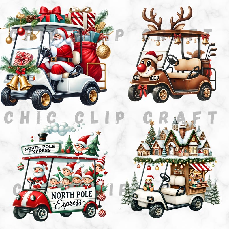 Christmas Golf Cart Clipart Bundle - Sublimation Digital File - Golfing ...