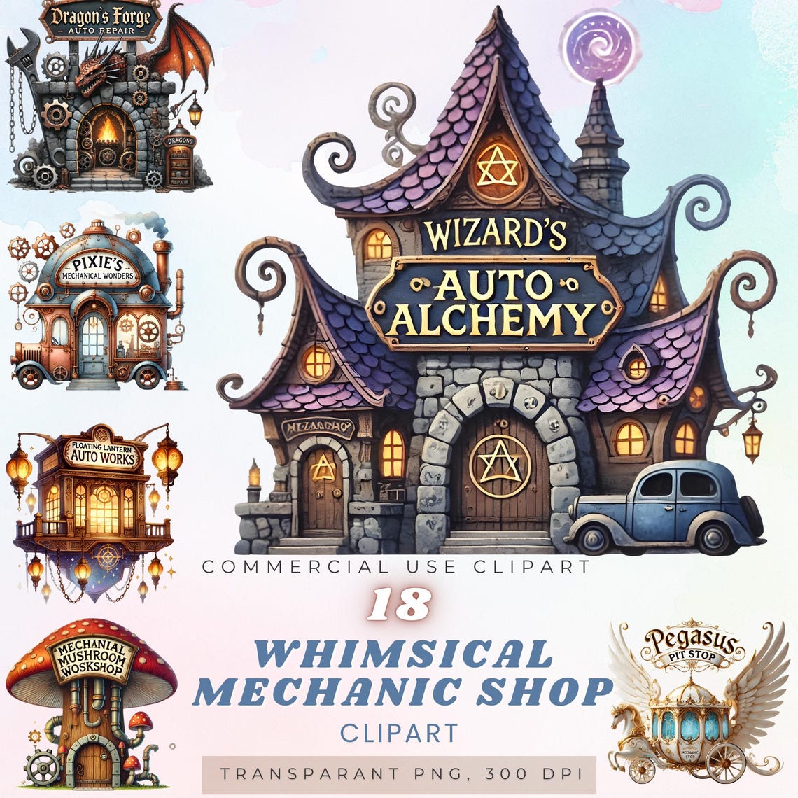 Whimsical Mechanic Shop Clipart Set, Fantasy Auto Repair PNG, Steampunk ...