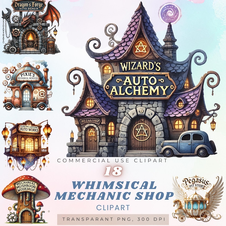 Whimsical Mechanic Shop Clipart Set, Fantasy Auto Repair PNG, Steampunk ...