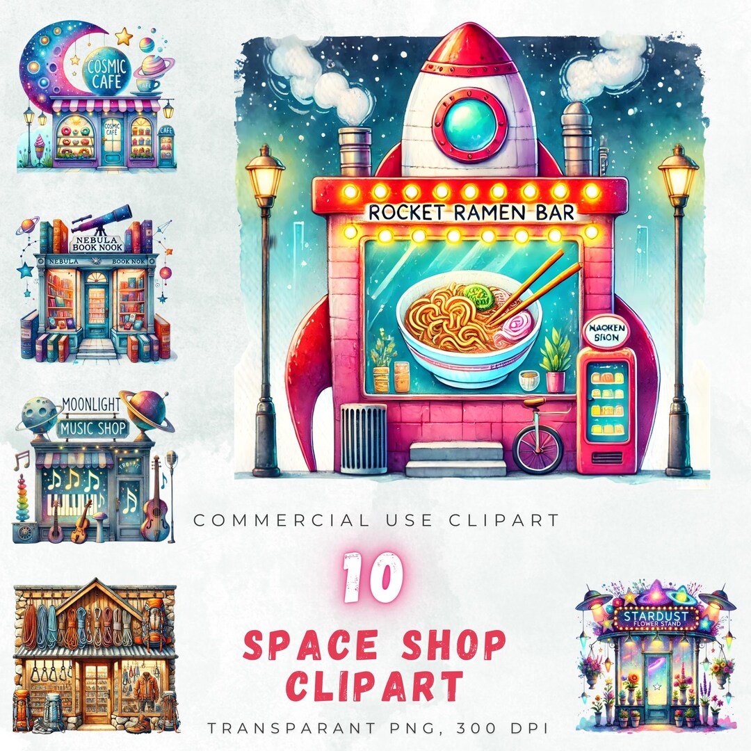 Colorful Space Shop Clipart Bundle With Cosmic Café, Rocket Ramen Bar ...