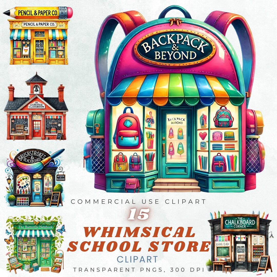 Whimsical School Store Clipart, Colorful School Shop PNG (commercial ...
