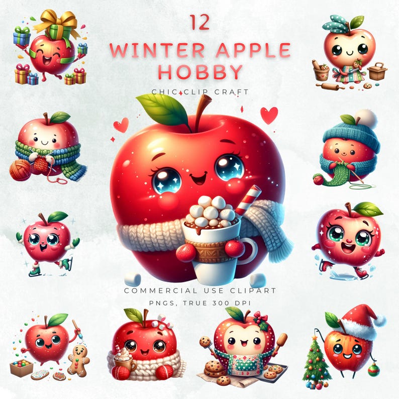 Winter Apple Clipart PNG Set | Cute Cozy Apple Characters for Christmas ...