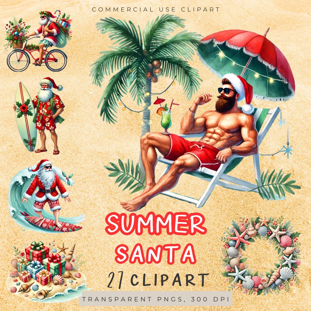 Summer Santa Clipart Bundle, Christmas Beach Holiday Graphics (27 Pngs ...