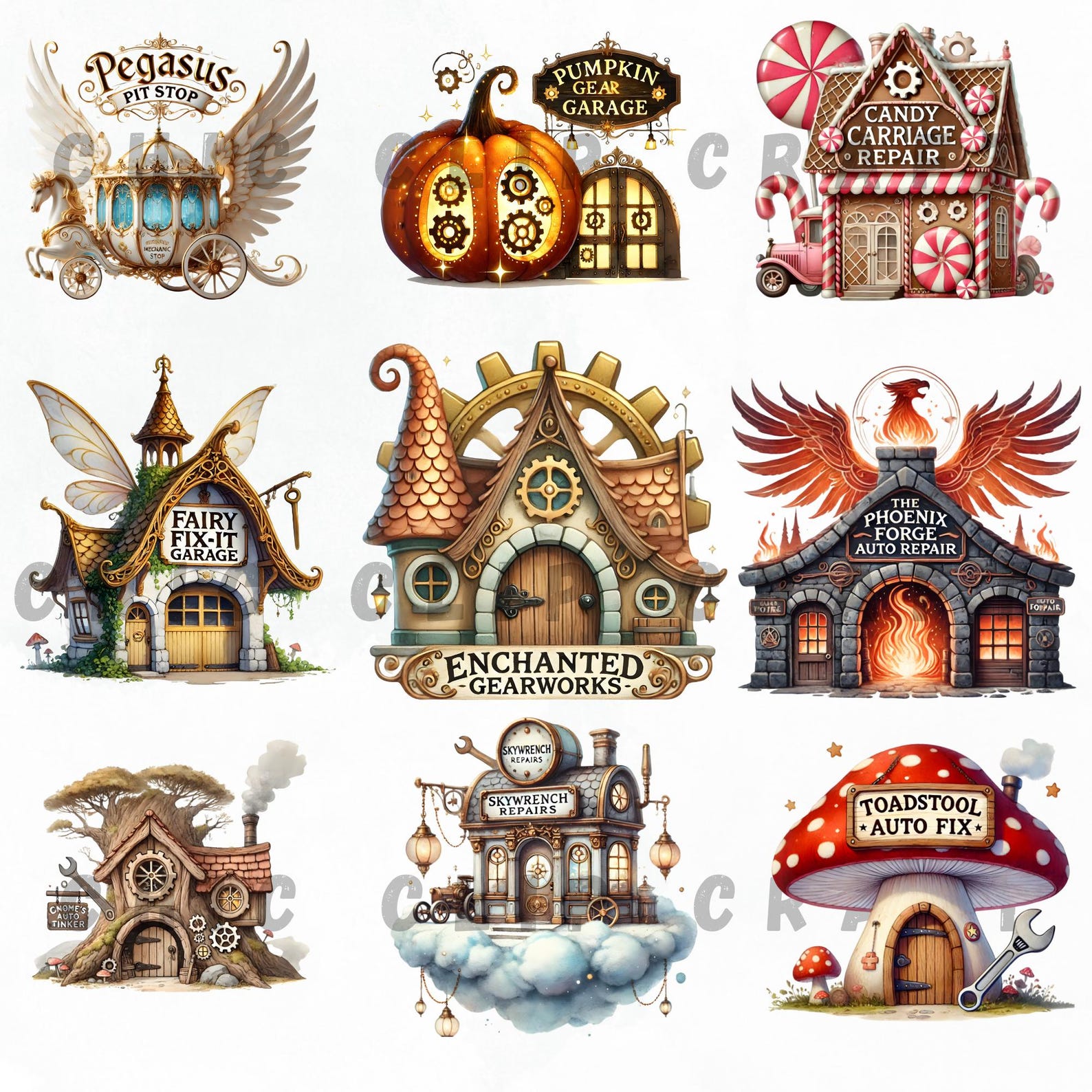 Whimsical Mechanic Shop Clipart Set, Fantasy Auto Repair PNG, Steampunk ...