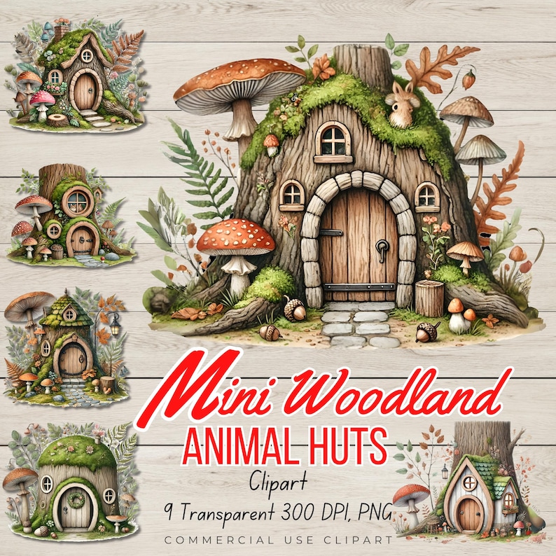 Mini Woodland Animal Huts Clipart Set - 9 Transparent PNG Images, Cute ...