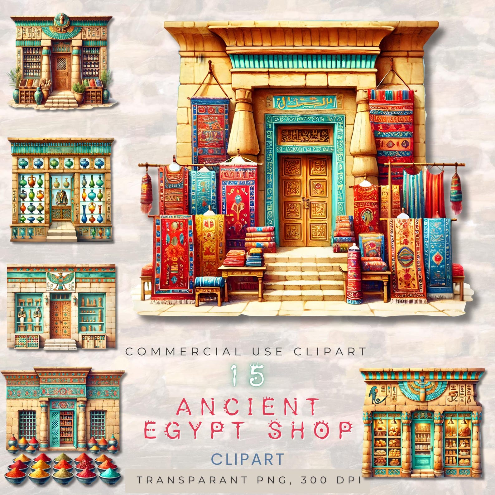 Ancient Egypt Shop Clipart Bundle, 15 PNG Transparent Images, Egyptian ...