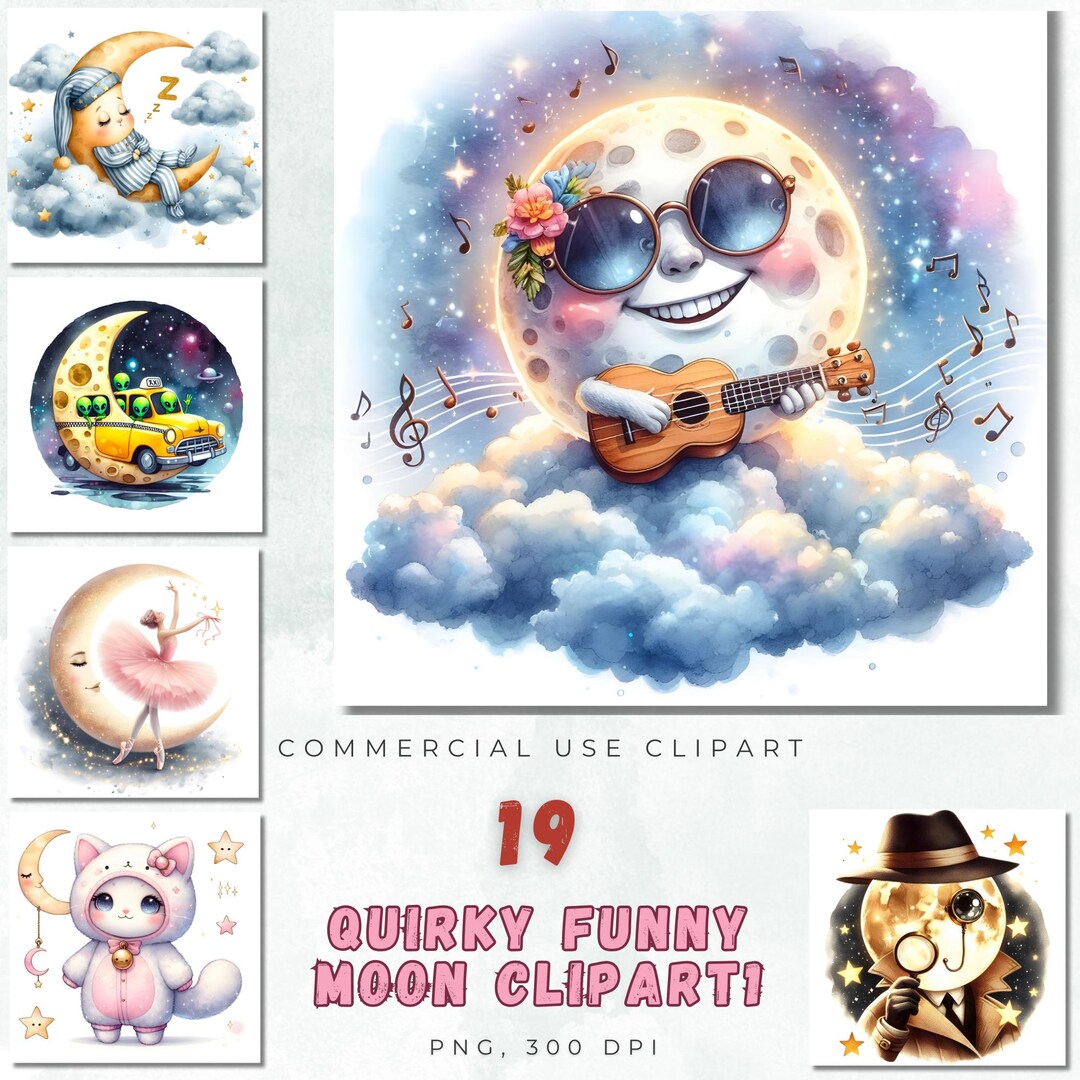 19 Quirky Funny Moon Clipart PNG Bundle | Cute Cartoon Moon Clip Art ...