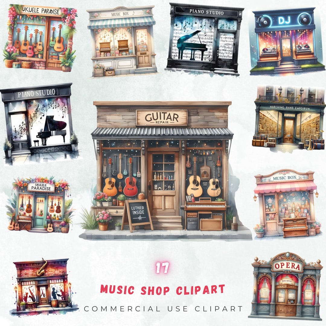 Watercolor Music Shop Clipart Bundle | Musical Storefronts PNG ...