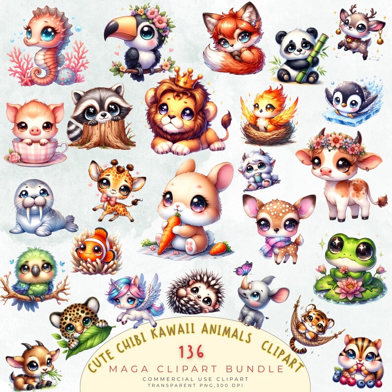 Cute Chibi Kawaii Animal Clipart Bundle PNG | 136 Adorable Baby Forest ...
