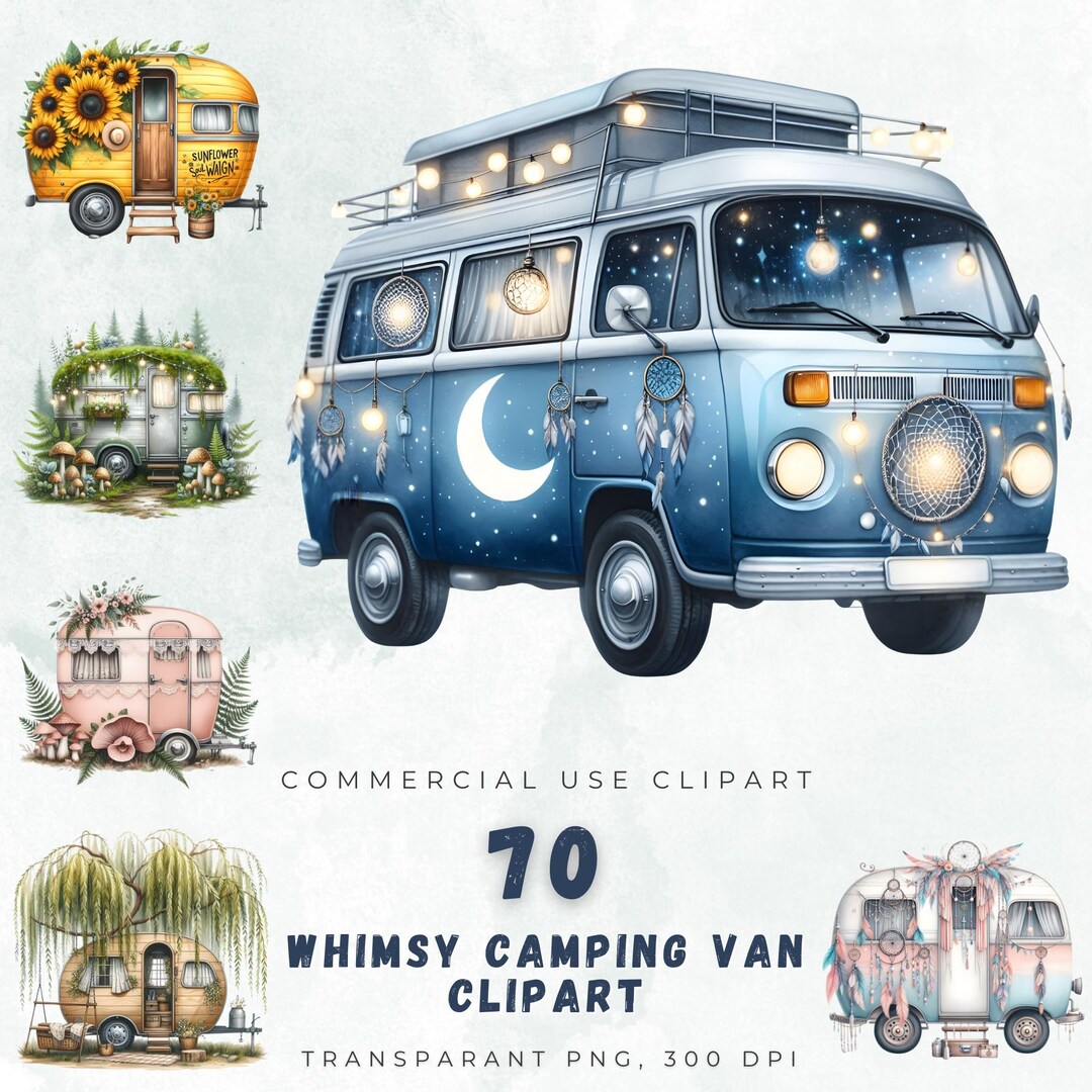 70 Whimsy Camping Van Clipart Bundle | Boho Camper Van Pngs With Floral ...