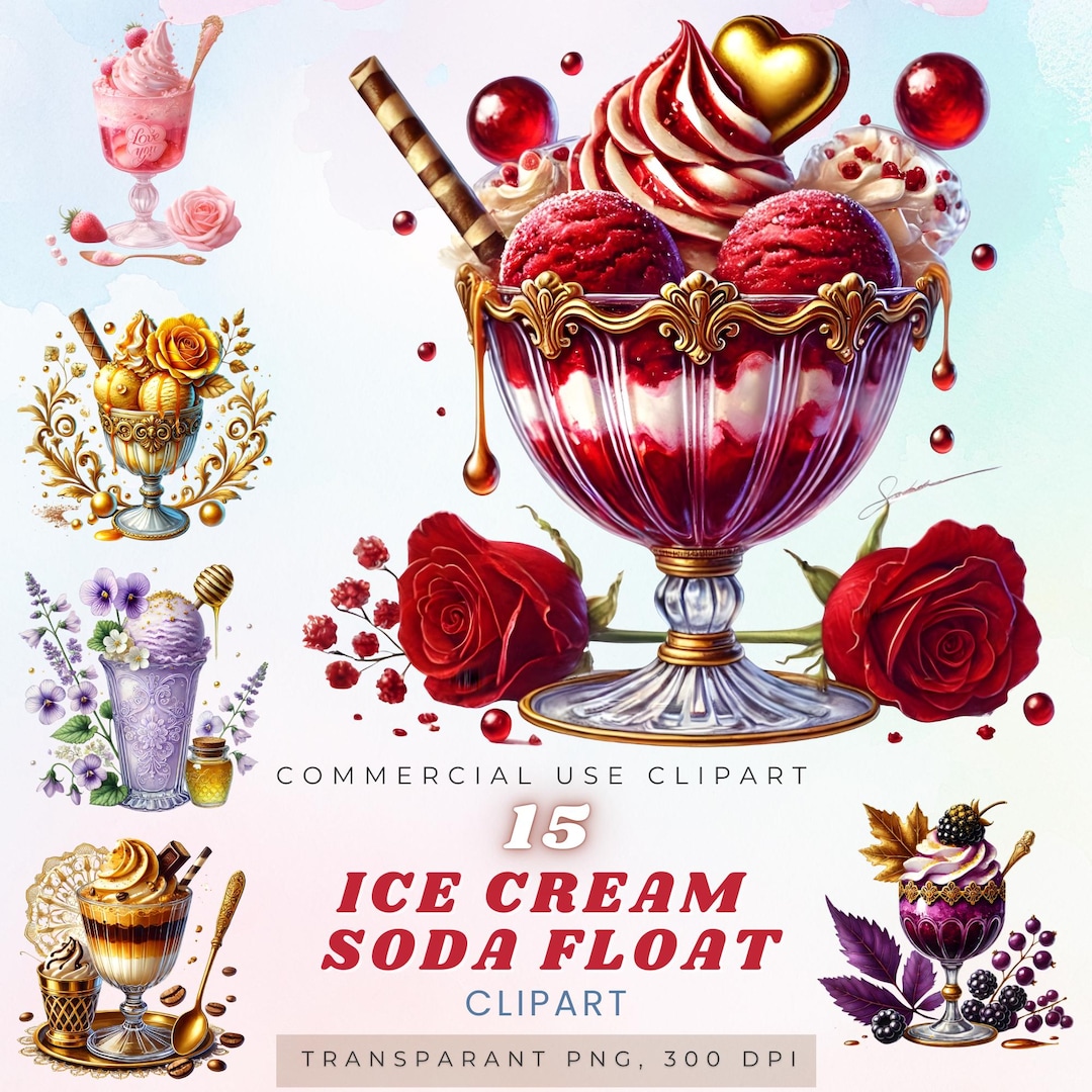 15 Ice Cream Soda Float Clipart, Vintage Dessert Illustrations, Sundae ...