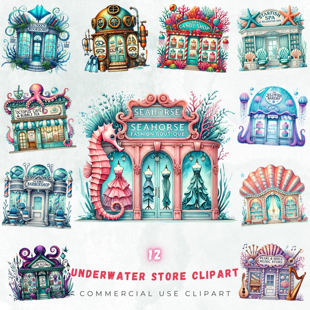 Underwater Store Clipart Bundle, Fantasy Ocean Shops (commercial Use ...