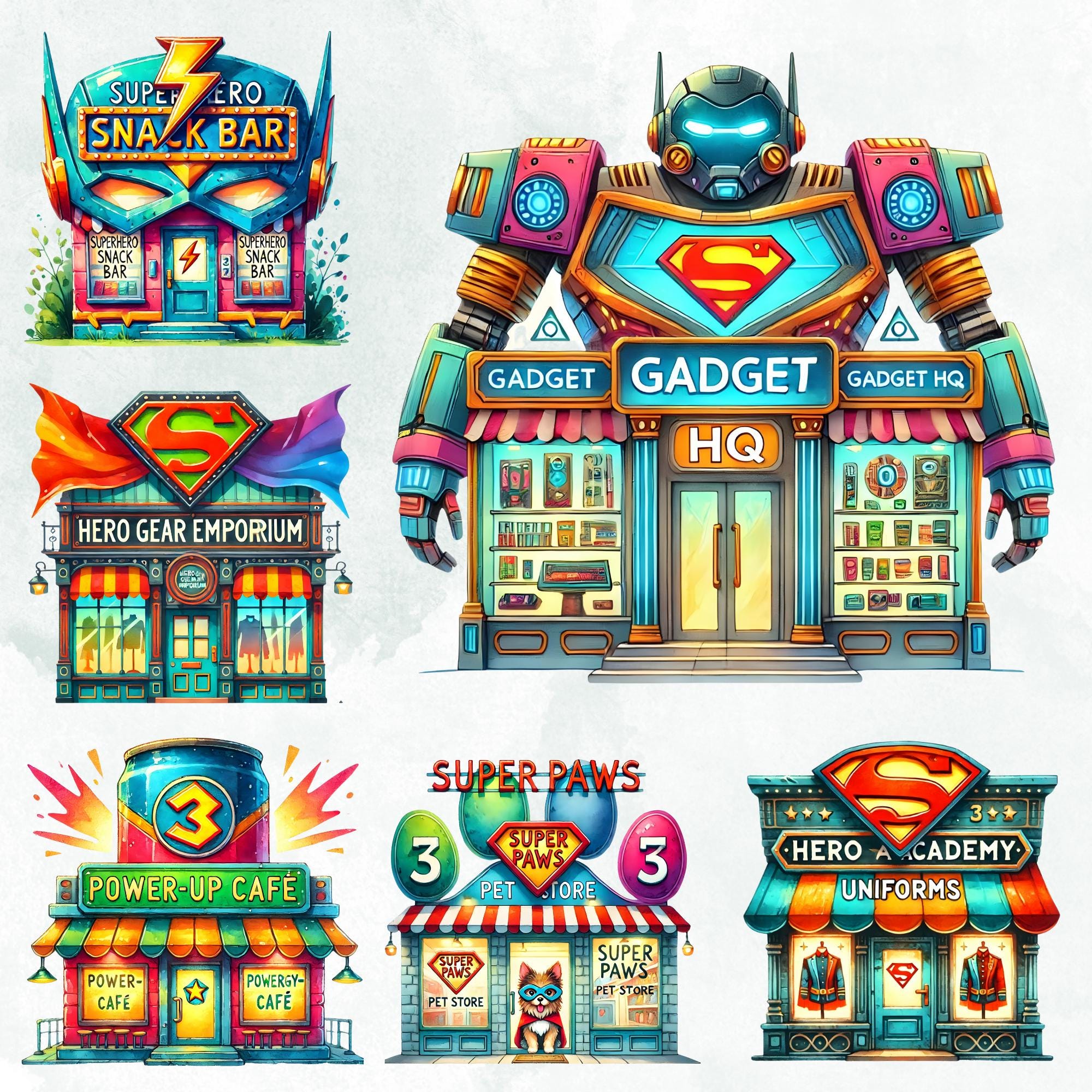 Superhero Store Clipart Bundle, Comic Shop PNG, Hero Snack Bar Clipart ...