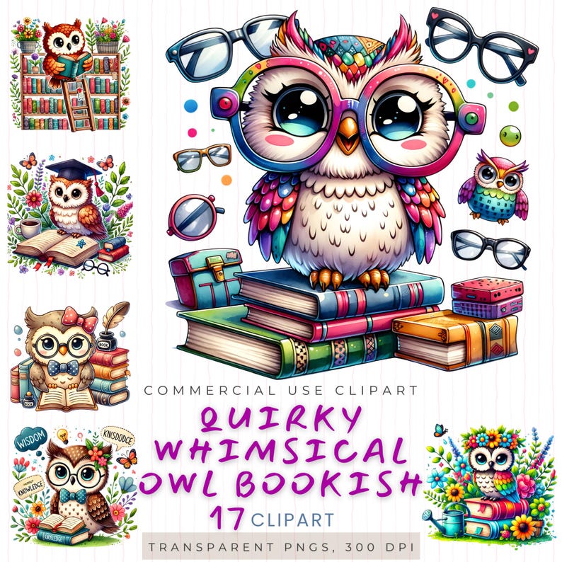 Quirky Whimsical Owl Clipart Set – Bookish Owls With Glasses, Cute ...