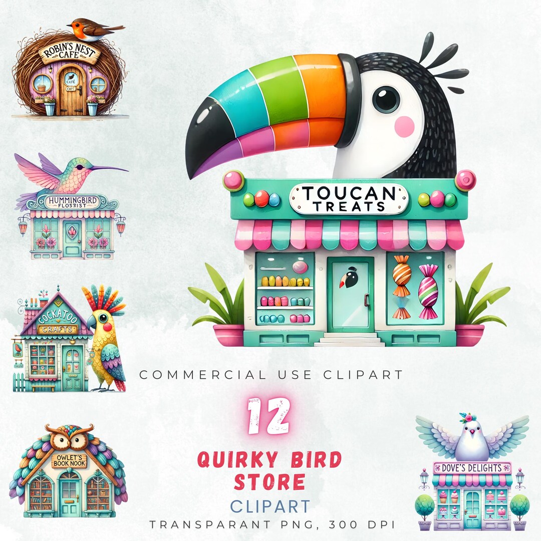 Bird Store Clipart Set, Quirky Bird Shop PNG, Cute Birdhouse Shop ...