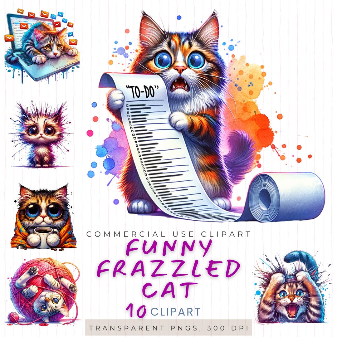 Funny Frazzled Cat Clipart Bundle - 10 Cute Cartoon Cats With To-do ...