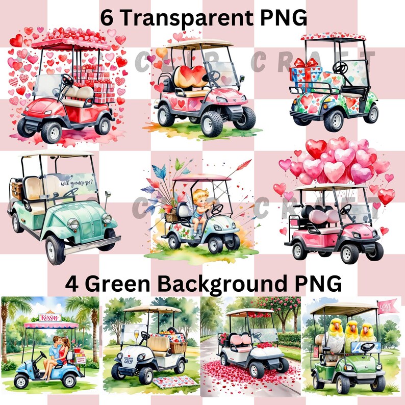 Valentine’s Golf Cart Clipart, Love Ride Clipart Set, Romantic Golf ...