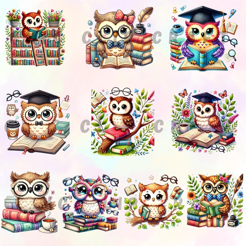 Quirky Whimsical Owl Clipart Set – Bookish Owls With Glasses, Cute ...