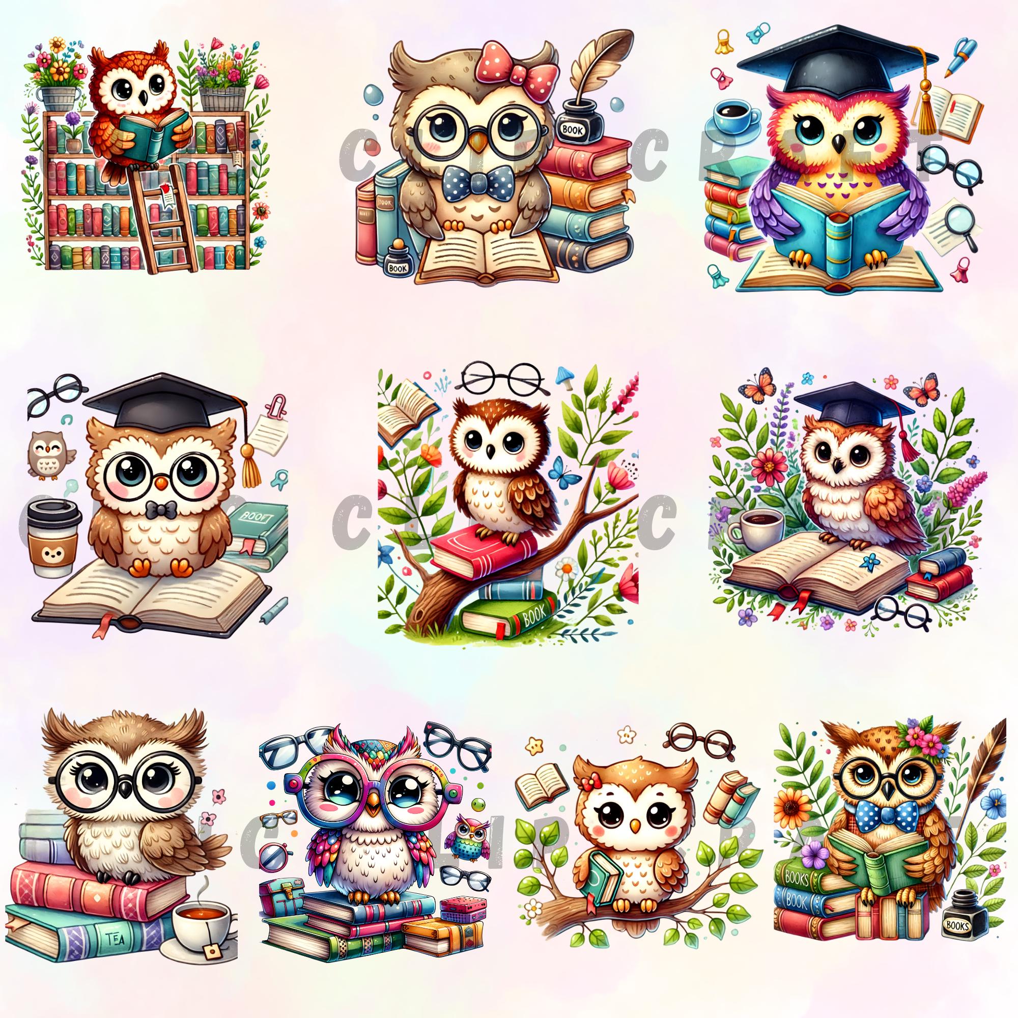 Quirky Whimsical Owl Clipart Set – Bookish Owls With Glasses, Cute ...