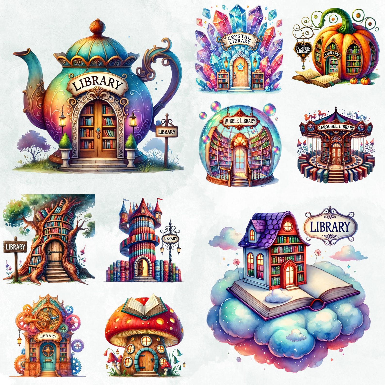 Magical Library Clipart Set, Fantasy Bookshop PNG, Whimsical Library ...