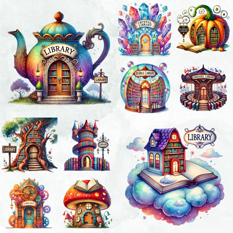 Magical Library Clipart Set, Fantasy Bookshop PNG, Whimsical Library ...