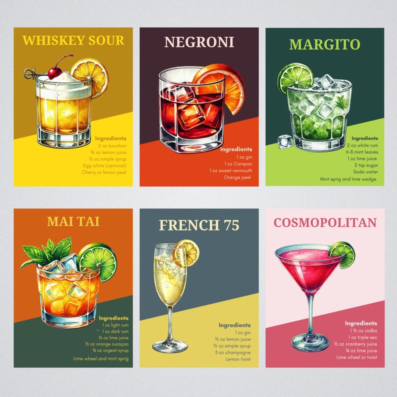 Set of 12 Classic Cocktail Wall Art,retro Drink Recipe Posters ...