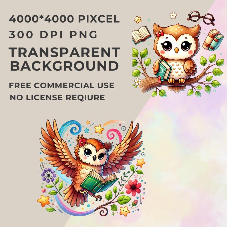 Quirky Whimsical Owl Clipart Set – Bookish Owls With Glasses, Cute ...