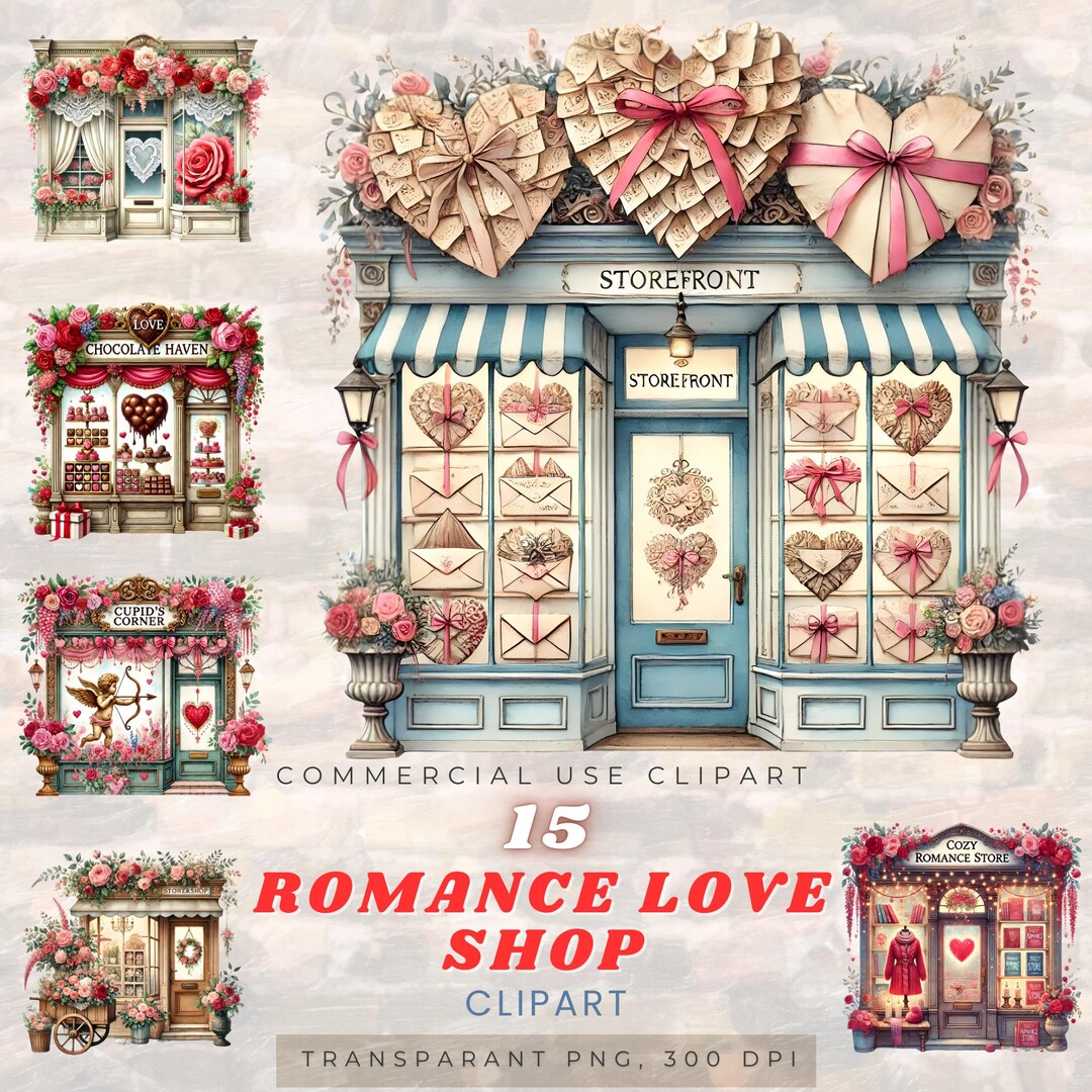 Romance Shop Clipart Bundle – Valentine Storefront PNG Graphics ...