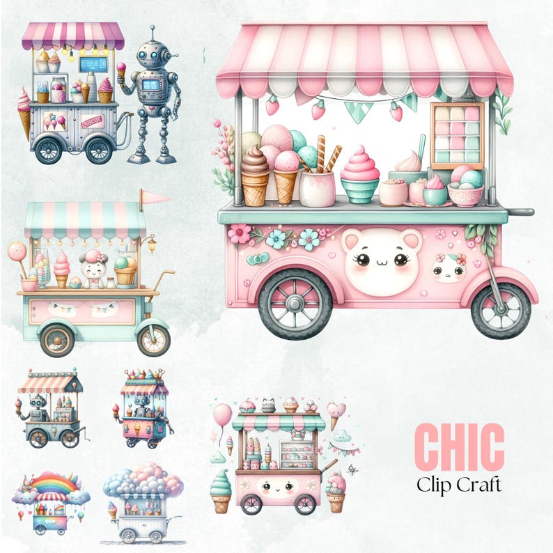 Whimsical Ice Cream Cart Clipart Bundle PNG | 32 Sweet Dessert Stand ...