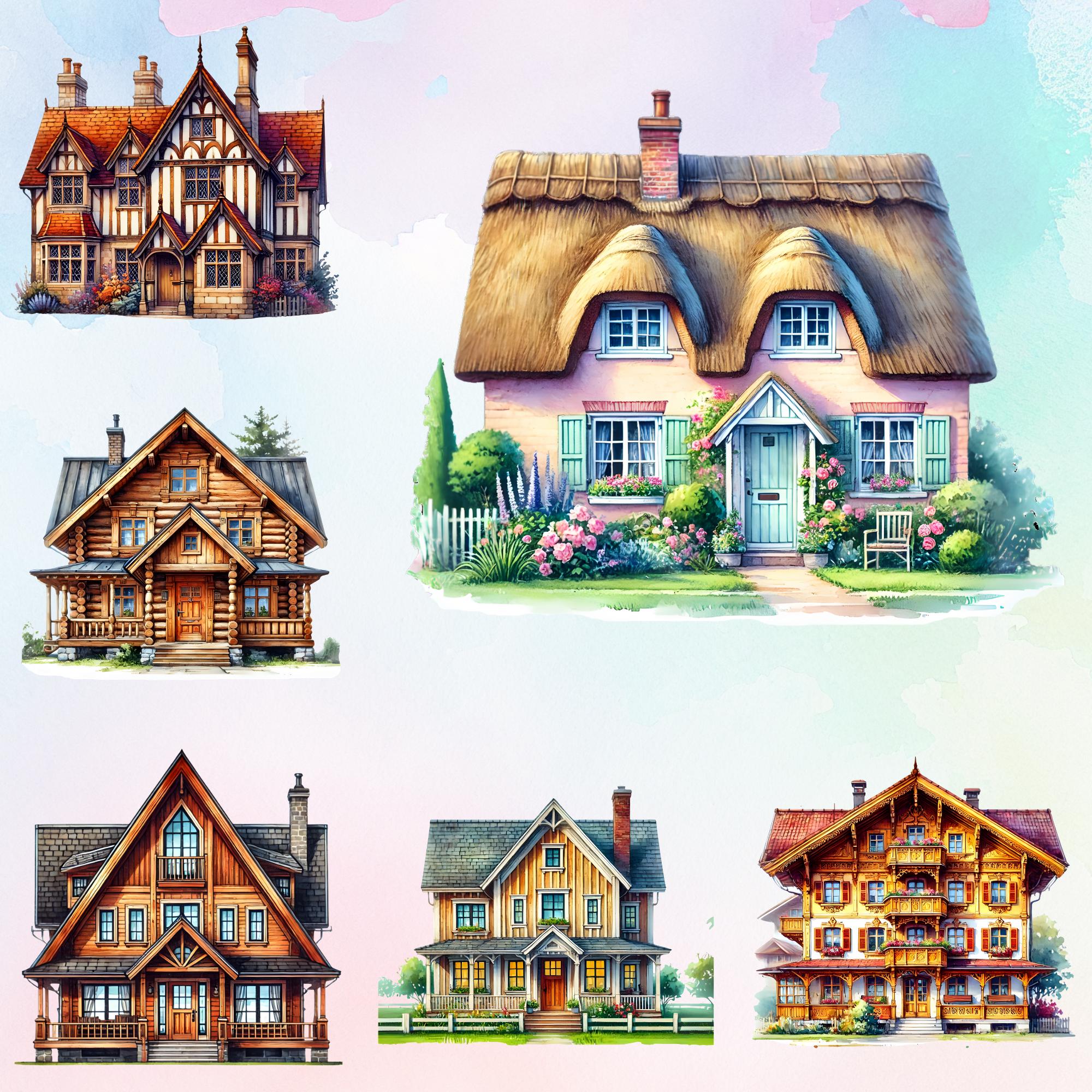 12 Country House Clipart Bundle – Watercolor Cottage House PNG ...