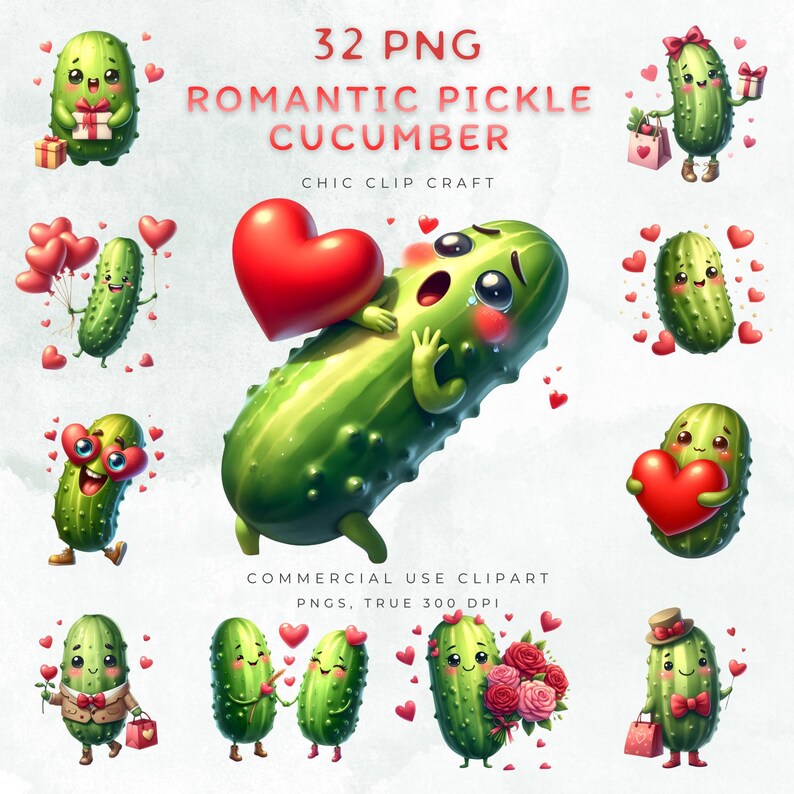 Romantic Pickle Clipart Bundle, Valentine Cucumber PNG (digital ...