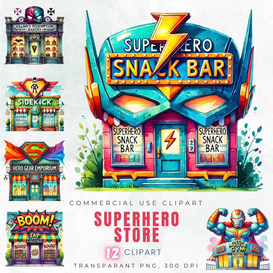 Superhero Store Clipart Bundle, Comic Shop PNG, Hero Snack Bar Clipart ...