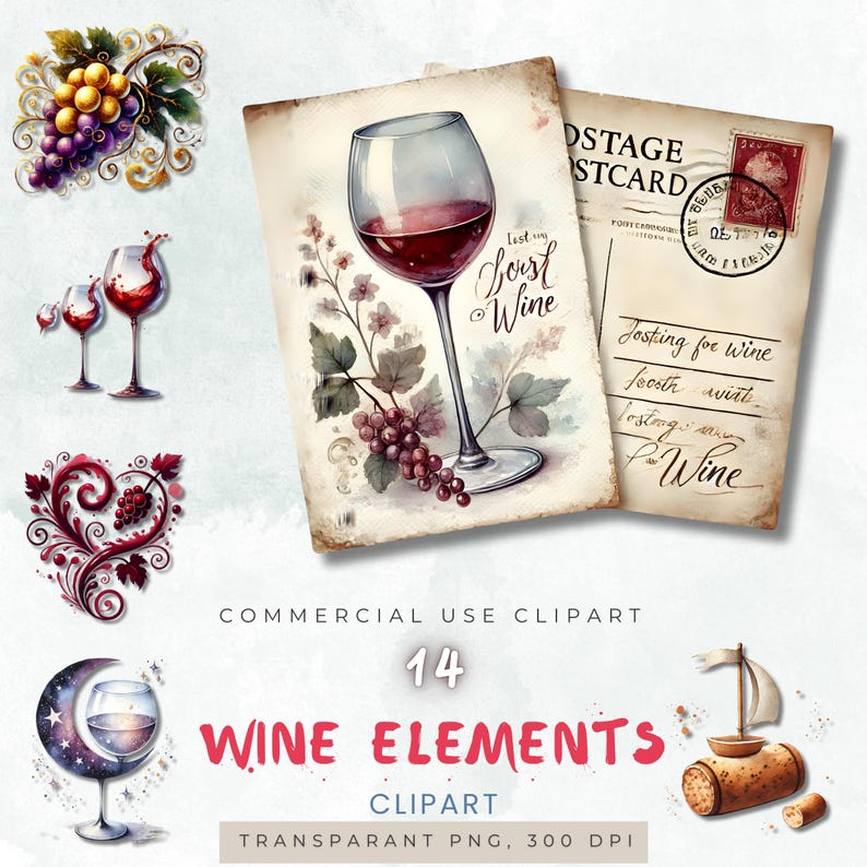 Watercolor Wine Clipart Set, Vintage Wine Glass PNG, Red Wine Digital ...