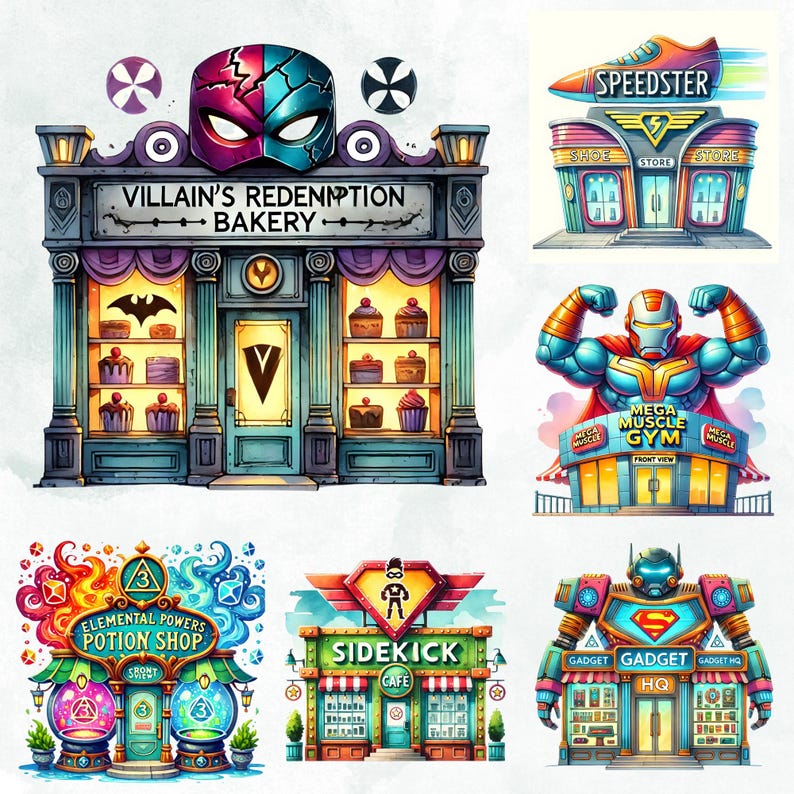 Superhero Storefront Clipart Bundle, Comic Shop PNG (300 DPI) - Etsy
