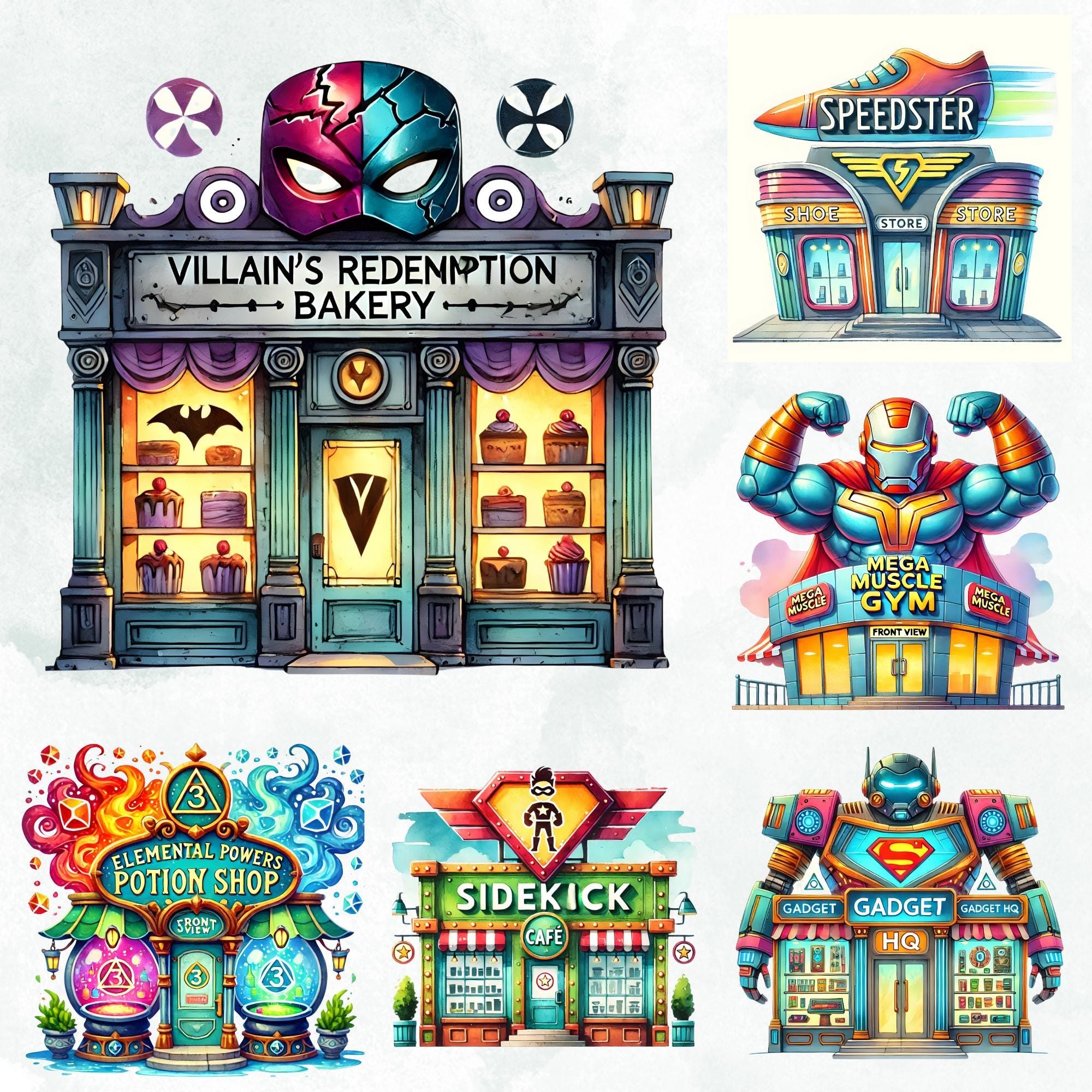 Superhero Store Clipart Bundle, Comic Shop PNG, Hero Snack Bar Clipart ...